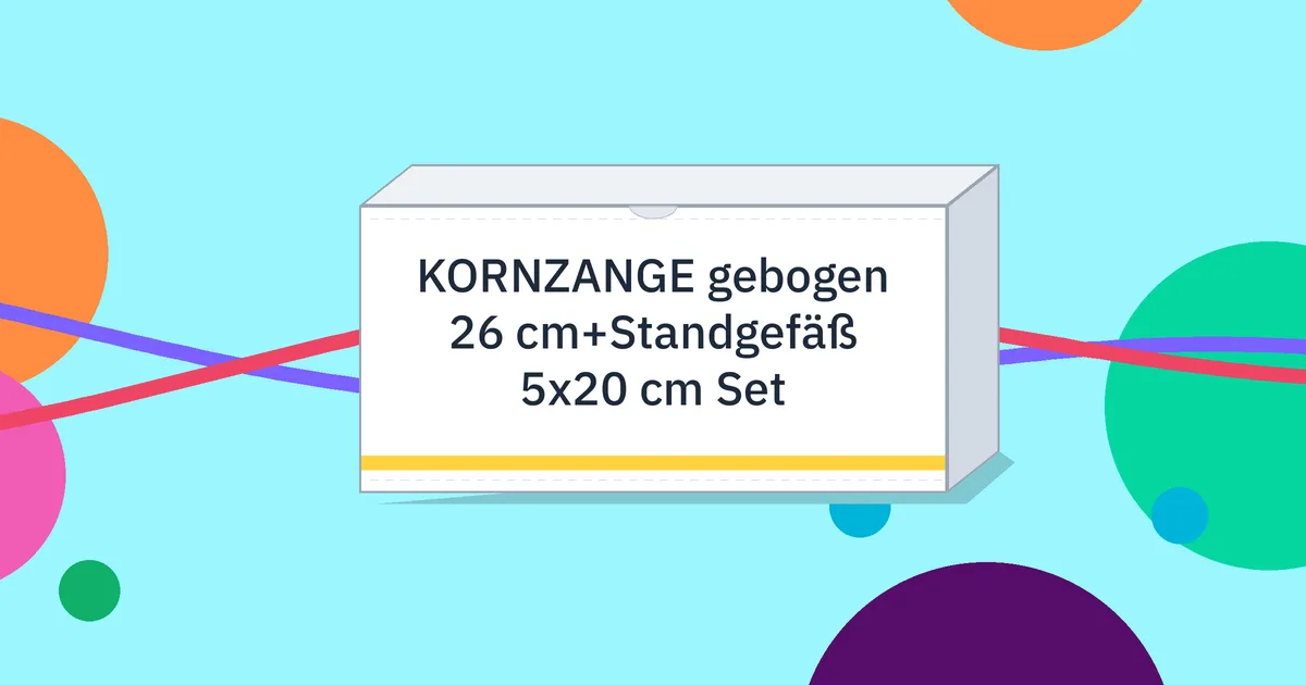 Symbolbild: Packung mit der Aufschrift KORNZANGE gebogen 26 cm+Standgefäß 5x20 cm Set (PZN 17876713) – Verfügbarkeit und Bezug in Apotheken in Frankfurt am Main