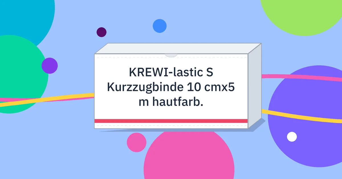 Symbolbild: Packung mit der Aufschrift KREWI-lastic S Kurzzugbinde 10 cmx5 m hautfarb. (PZN 17301444) – Verfügbarkeit und Bezug in Apotheken in Frankfurt am Main