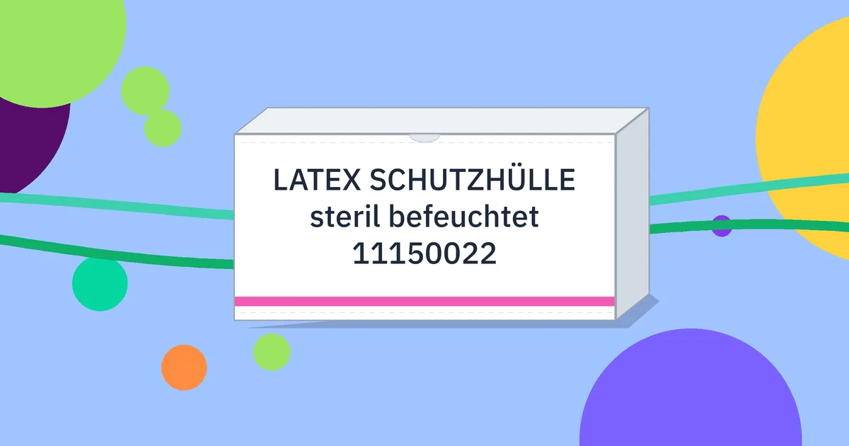 Symbolbild: Packung mit der Aufschrift LATEX SCHUTZHÜLLE steril befeuchtet 11150022 (PZN 03443956) – Verfügbarkeit und Bezug in Apotheken in Frankfurt am Main