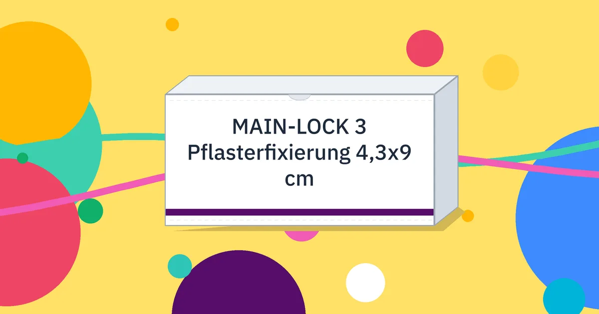 Symbolbild: Packung mit der Aufschrift MAIN-LOCK 3 Pflasterfixierung 4,3x9 cm (PZN 18760154) – Verfügbarkeit und Bezug in Apotheken in Frankfurt am Main