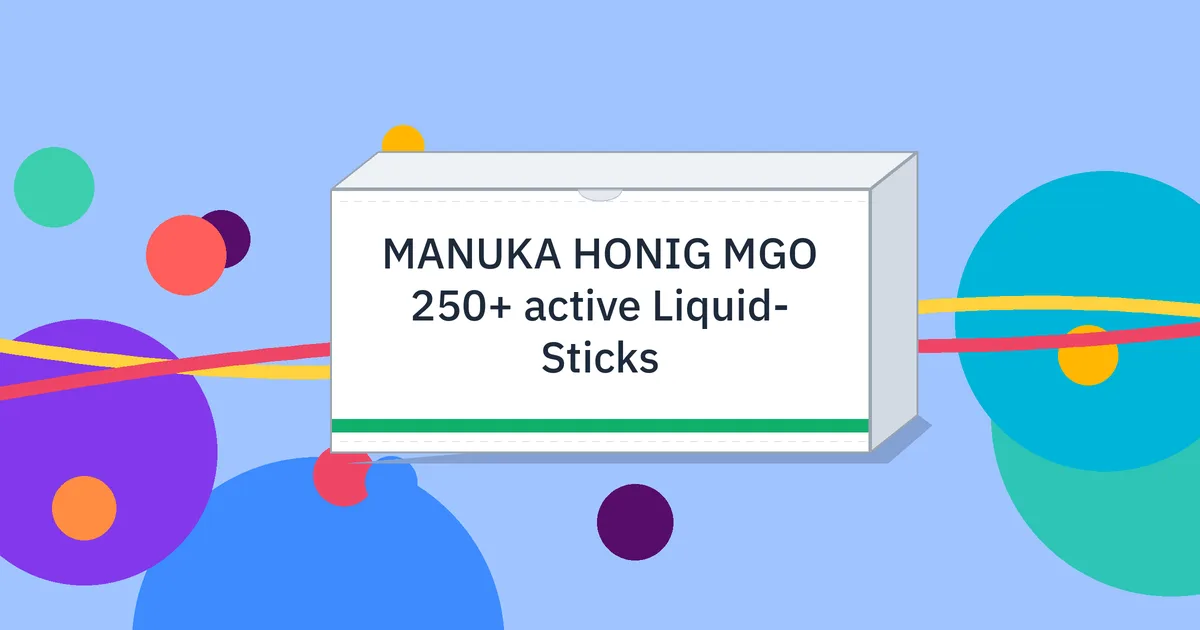 Symbolbild: Packung mit der Aufschrift MANUKA HONIG MGO 250+ active Liquid-Sticks (PZN 19497871) – Verfügbarkeit und Bezug in Apotheken in Frankfurt am Main