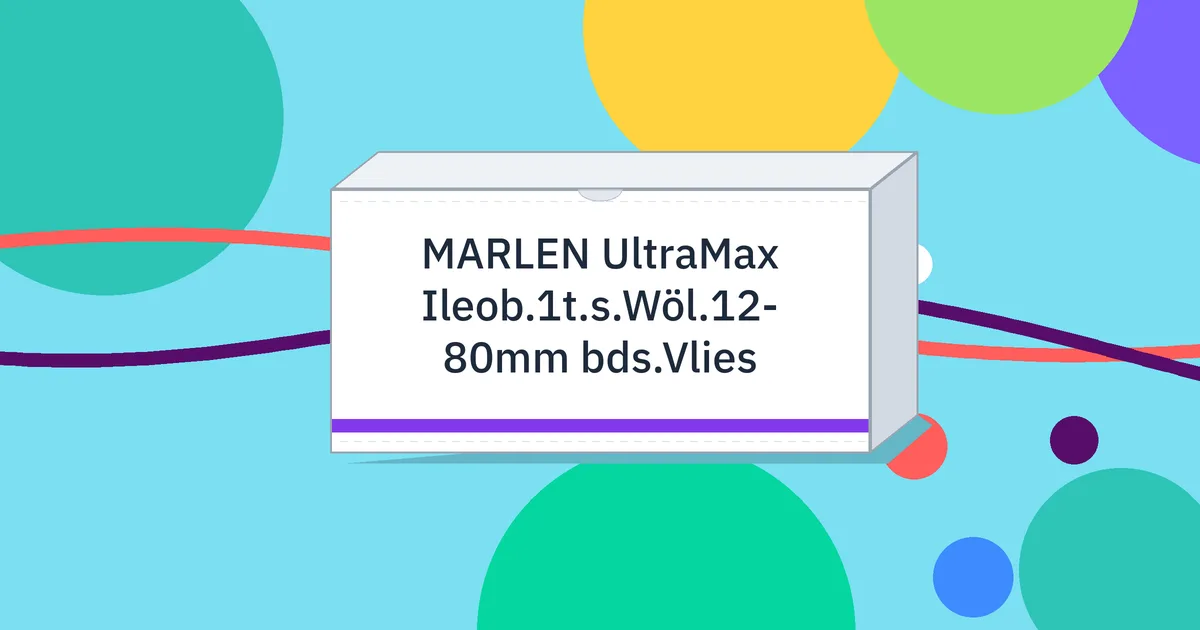 Symbolbild: Packung mit der Aufschrift MARLEN UltraMax Ileob.1t.s.Wöl.12-80mm bds.Vlies (PZN 14363806) – Verfügbarkeit und Bezug in Apotheken in Frankfurt am Main