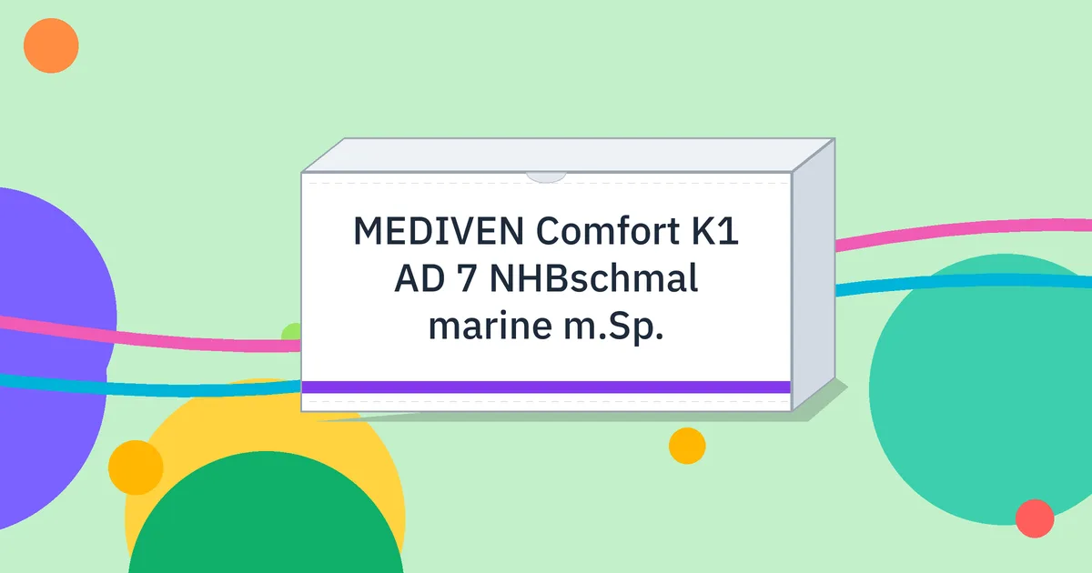 Symbolbild: Packung mit der Aufschrift MEDIVEN Comfort K1 AD 7 NHBschmal marine m.Sp. (PZN 14562316) – Verfügbarkeit und Bezug in Apotheken in Frankfurt am Main