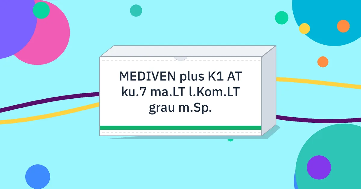 Symbolbild: Packung mit der Aufschrift MEDIVEN plus K1 AT ku.7 ma.LT l.Kom.LT grau m.Sp. (PZN 18943601) – Verfügbarkeit und Bezug in Apotheken in Frankfurt am Main