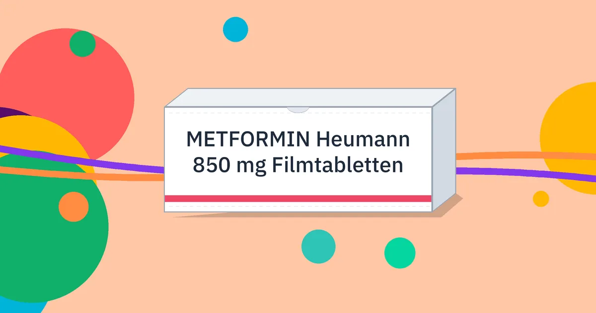 Symbolbild: Packung mit der Aufschrift METFORMIN Heumann 850 mg Filmtabletten (PZN 18400852) – Verfügbarkeit und Bezug in Apotheken in Frankfurt am Main