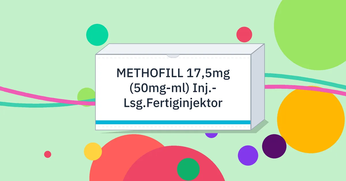 Symbolbild: Packung mit der Aufschrift METHOFILL 17,5mg (50mg-ml) Inj.-Lsg.Fertiginjektor (PZN 18660872) – Verfügbarkeit und Bezug in Apotheken in Frankfurt am Main