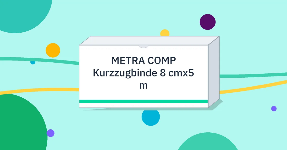 Symbolbild: Packung mit der Aufschrift METRA COMP Kurzzugbinde 8 cmx5 m (PZN 07772421) – Verfügbarkeit und Bezug in Apotheken in Frankfurt am Main