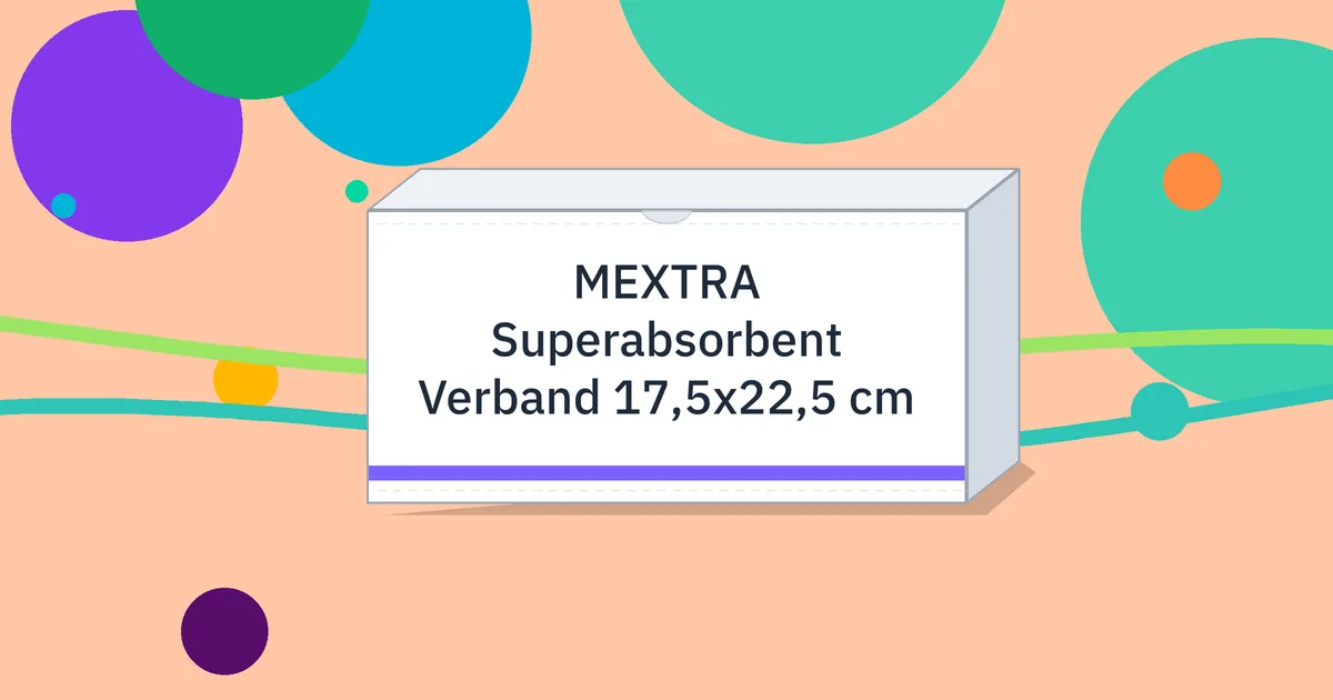 Symbolbild: Packung mit der Aufschrift MEXTRA Superabsorbent Verband 17,5x22,5 cm (PZN 18137975) – Verfügbarkeit und Bezug in Apotheken in Frankfurt am Main