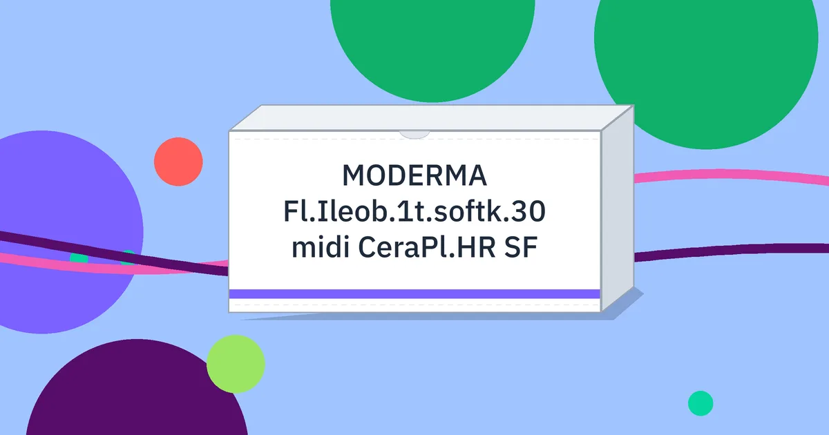 Symbolbild: Packung mit der Aufschrift MODERMA Fl.Ileob.1t.softk.30 midi CeraPl.HR SF (PZN 12417389) – Verfügbarkeit und Bezug in Apotheken in Frankfurt am Main