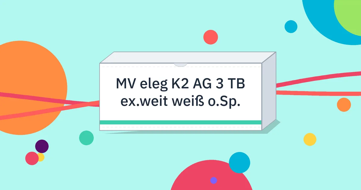 Symbolbild: Packung mit der Aufschrift MV eleg K2 AG 3 TB ex.weit weiß o.Sp. (PZN 09878299) – Verfügbarkeit und Bezug in Apotheken in Frankfurt am Main