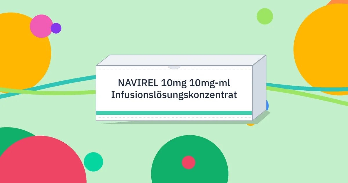 Symbolbild: Packung mit der Aufschrift NAVIREL 10mg 10mg-ml Infusionslösungskonzentrat (PZN 04636539) – Verfügbarkeit und Bezug in Apotheken in Frankfurt am Main