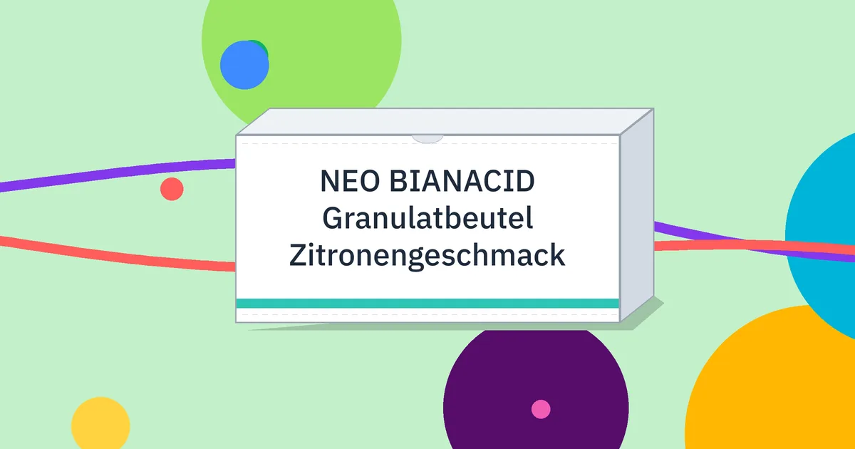 Symbolbild: Packung mit der Aufschrift NEO BIANACID Granulatbeutel Zitronengeschmack (PZN 19862632) – Verfügbarkeit und Bezug in Apotheken in Frankfurt am Main