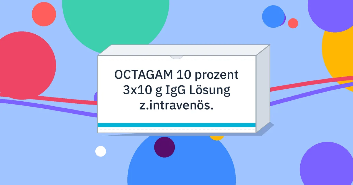Symbolbild: Packung mit der Aufschrift OCTAGAM 10 prozent 3x10 g IgG Lösung z.intravenös. (PZN 04712298) – Verfügbarkeit und Bezug in Apotheken in Frankfurt am Main