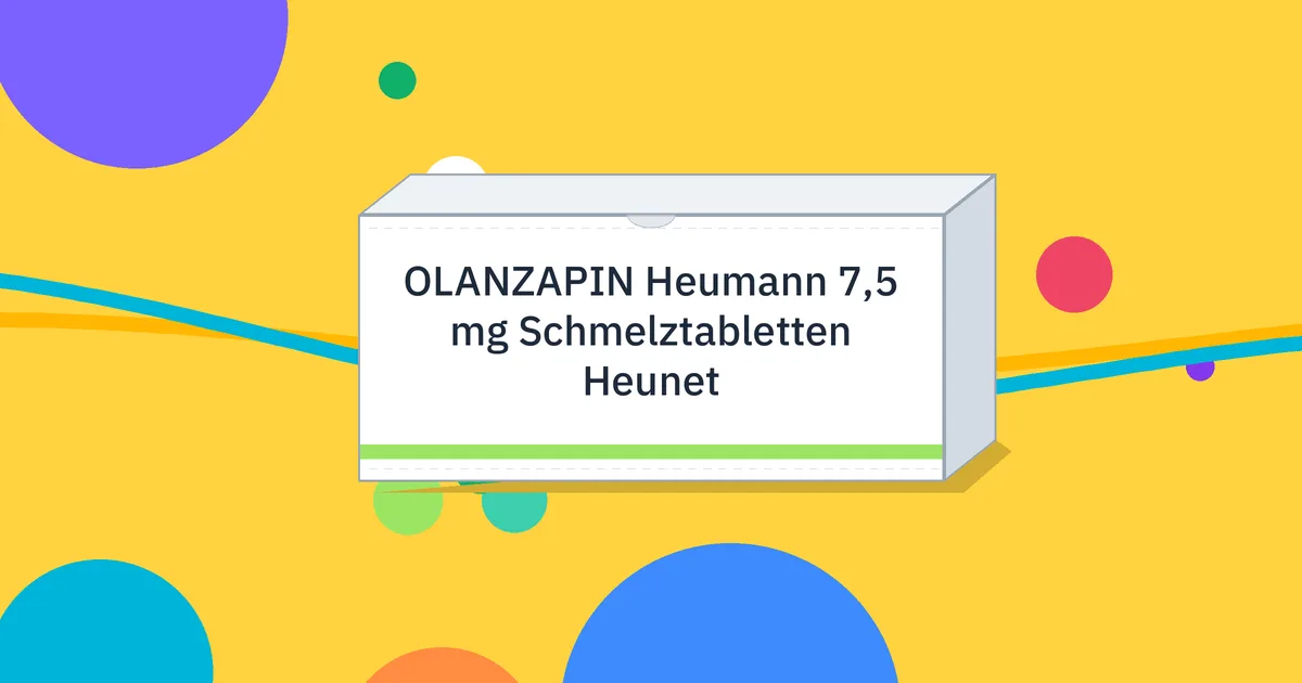 Symbolbild: Packung mit der Aufschrift OLANZAPIN Heumann 7,5 mg Schmelztabletten Heunet (PZN 09100128) – Verfügbarkeit und Bezug in Apotheken in Frankfurt am Main