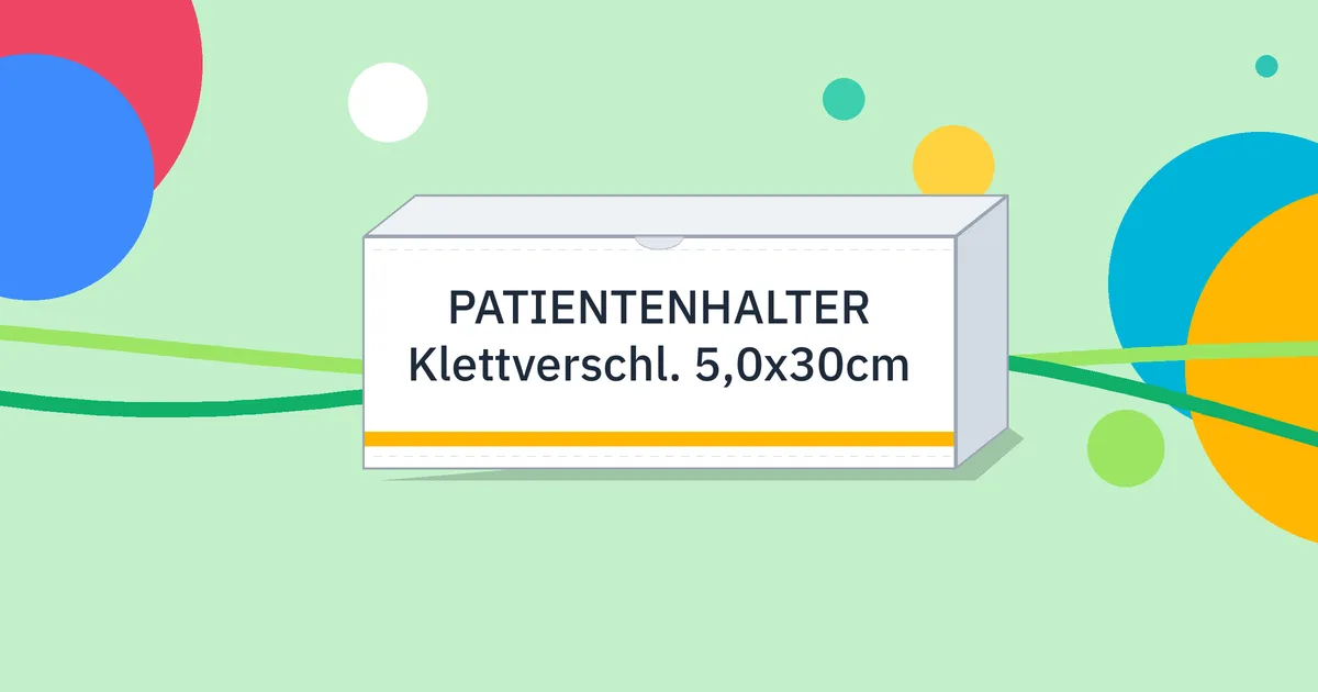 Symbolbild: Packung mit der Aufschrift PATIENTENHALTER Klettverschl. 5,0x30cm (PZN 02442618) – Verfügbarkeit und Bezug in Apotheken in Frankfurt am Main