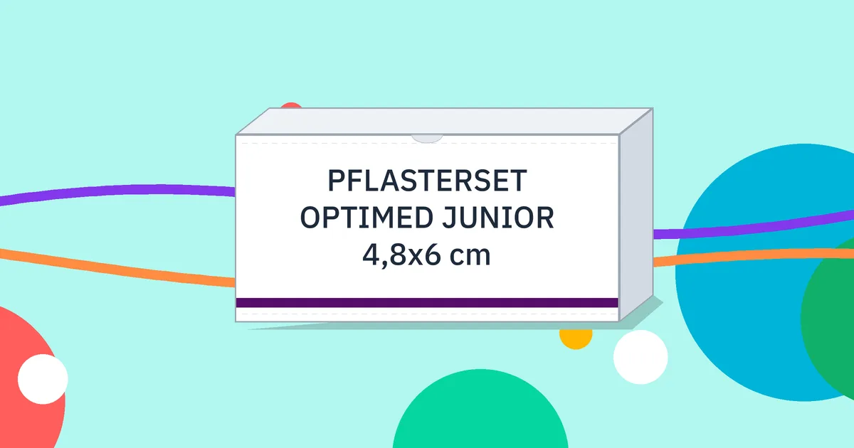Symbolbild: Packung mit der Aufschrift PFLASTERSET OPTIMED JUNIOR 4,8x6 cm (PZN 19204596) – Verfügbarkeit und Bezug in Apotheken in Frankfurt am Main