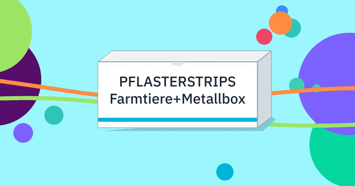 Symbolbild: Packung mit der Aufschrift PFLASTERSTRIPS Farmtiere+Metallbox (PZN 15249030) – Verfügbarkeit und Bezug in Apotheken in Frankfurt am Main