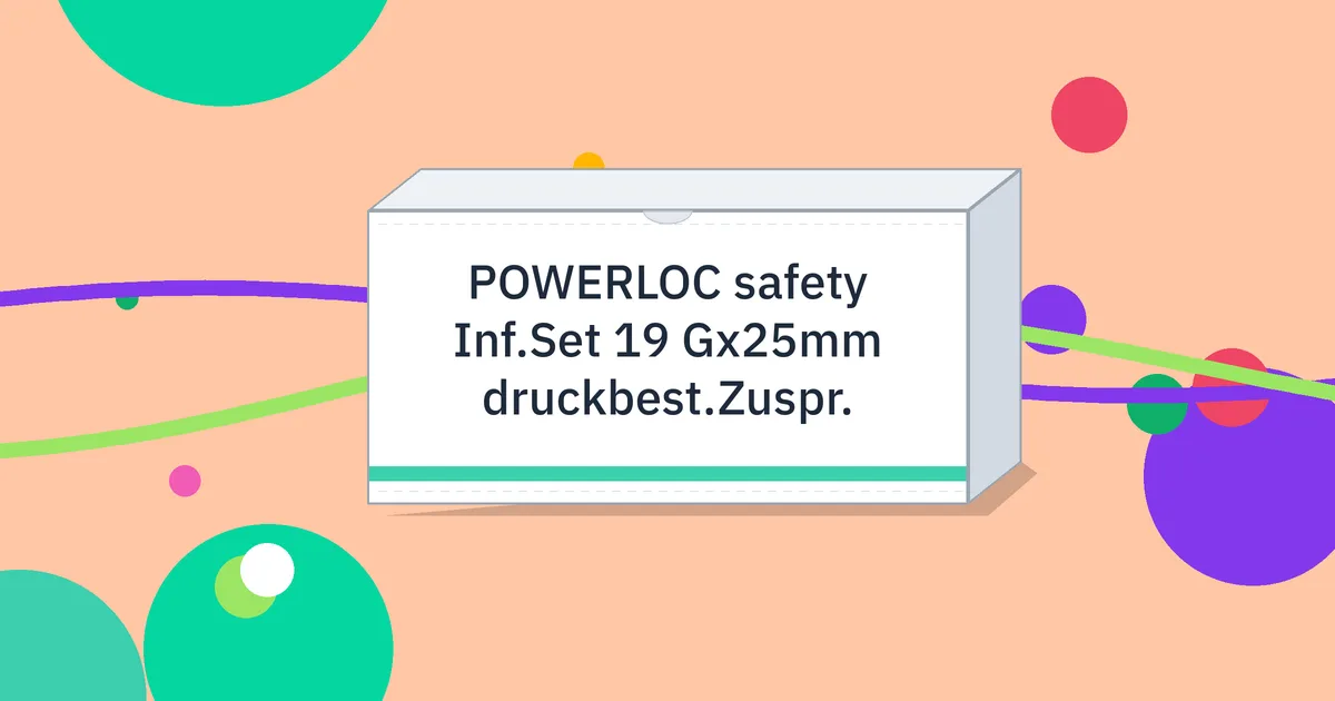 Symbolbild: Packung mit der Aufschrift POWERLOC safety Inf.Set 19 Gx25mm druckbest.Zuspr. (PZN 18816825) – Verfügbarkeit und Bezug in Apotheken in Frankfurt am Main