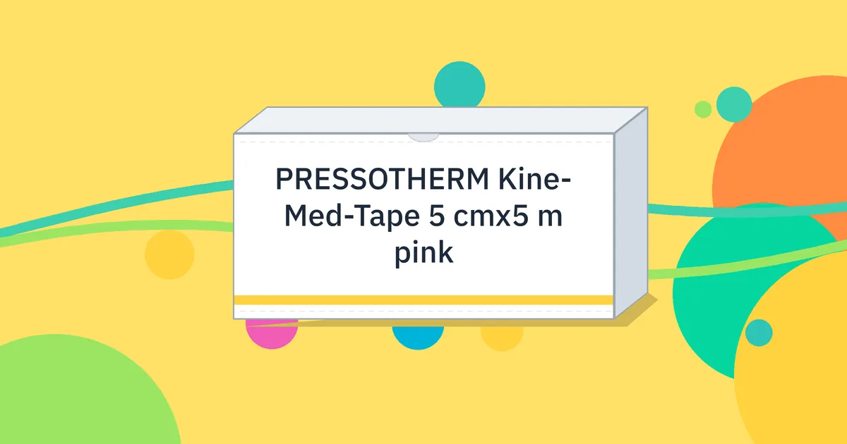 Symbolbild: Packung mit der Aufschrift PRESSOTHERM Kine-Med-Tape 5 cmx5 m pink (PZN 06340056) – Verfügbarkeit und Bezug in Apotheken in Frankfurt am Main
