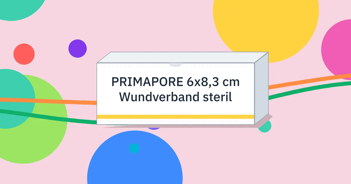 Symbolbild: Packung mit der Aufschrift PRIMAPORE 6x8,3 cm Wundverband steril (PZN 16165080) – Verfügbarkeit und Bezug in Apotheken in Frankfurt am Main