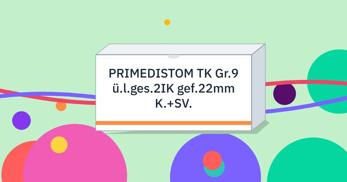 Symbolbild: Packung mit der Aufschrift PRIMEDISTOM TK Gr.9 ü.l.ges.2IK gef.22mm K.+SV. (PZN 10928588) – Verfügbarkeit und Bezug in Apotheken in Frankfurt am Main
