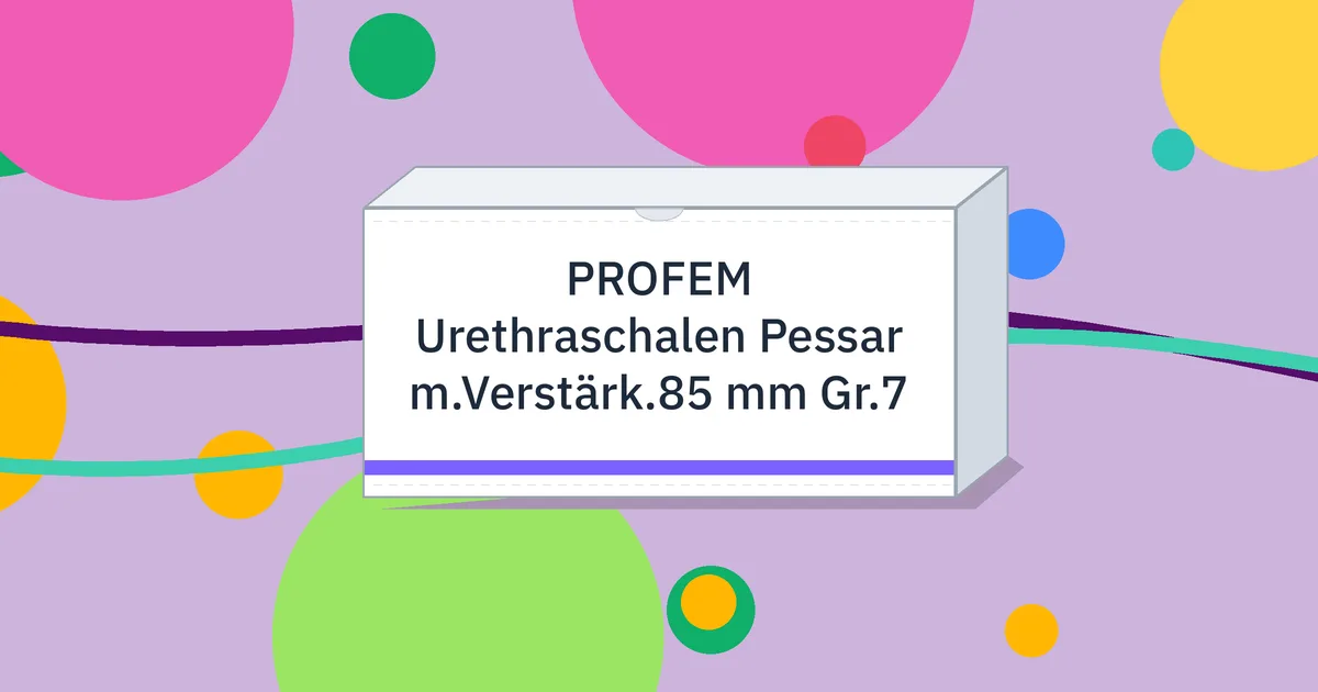 Symbolbild: Packung mit der Aufschrift PROFEM Urethraschalen Pessar m.Verstärk.85 mm Gr.7 (PZN 11672808) – Verfügbarkeit und Bezug in Apotheken in Frankfurt am Main