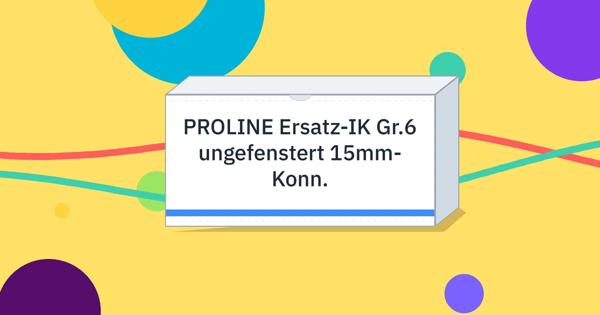 Symbolbild: Packung mit der Aufschrift PROLINE Ersatz-IK Gr.6 ungefenstert 15mm-Konn. (PZN 16224109) – Verfügbarkeit und Bezug in Apotheken in Frankfurt am Main