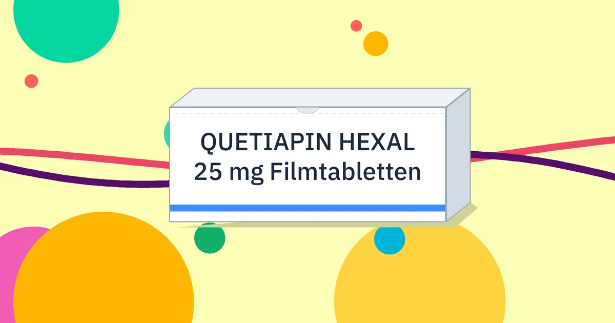 Symbolbild: Packung mit der Aufschrift QUETIAPIN HEXAL 25 mg Filmtabletten (PZN 09339102) – Verfügbarkeit und Bezug in Apotheken in Frankfurt am Main