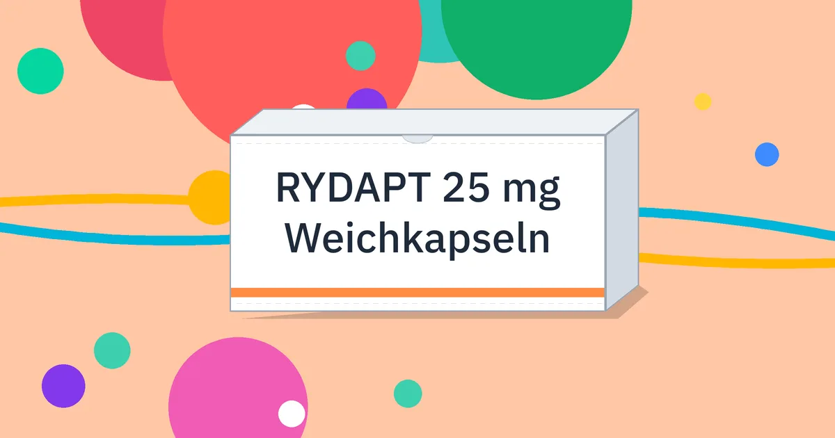 Symbolbild: Packung mit der Aufschrift RYDAPT 25 mg Weichkapseln (PZN 15226968) – Verfügbarkeit und Bezug in Apotheken in Frankfurt am Main