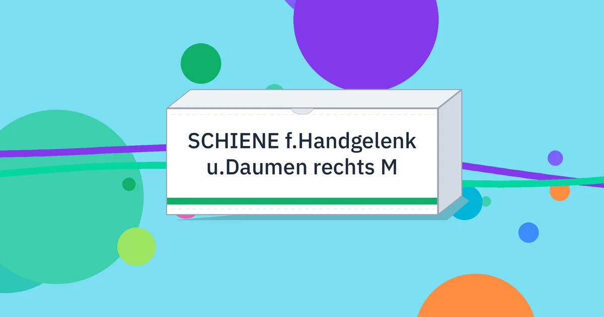 Symbolbild: Packung mit der Aufschrift SCHIENE f.Handgelenk u.Daumen rechts M (PZN 19070279) – Verfügbarkeit und Bezug in Apotheken in Frankfurt am Main