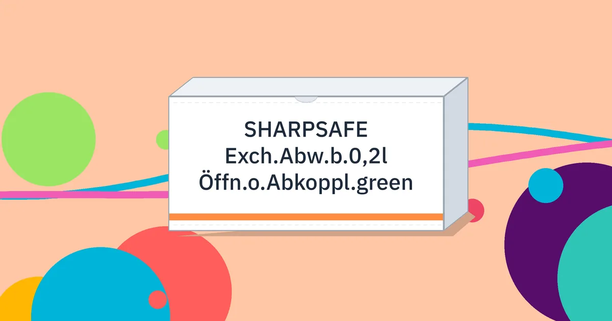 Symbolbild: Packung mit der Aufschrift SHARPSAFE Exch.Abw.b.0,2l Öffn.o.Abkoppl.green (PZN 18448362) – Verfügbarkeit und Bezug in Apotheken in Frankfurt am Main