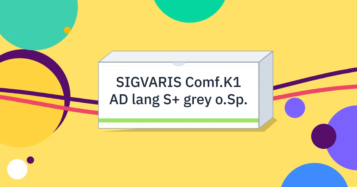 Symbolbild: Packung mit der Aufschrift SIGVARIS Comf.K1 AD lang S+ grey o.Sp. (PZN 17040854) – Verfügbarkeit und Bezug in Apotheken in Frankfurt am Main