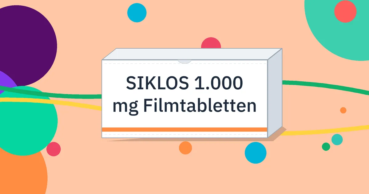 Symbolbild: Packung mit der Aufschrift SIKLOS 1.000 mg Filmtabletten (PZN 12529415) – Verfügbarkeit und Bezug in Apotheken in Frankfurt am Main