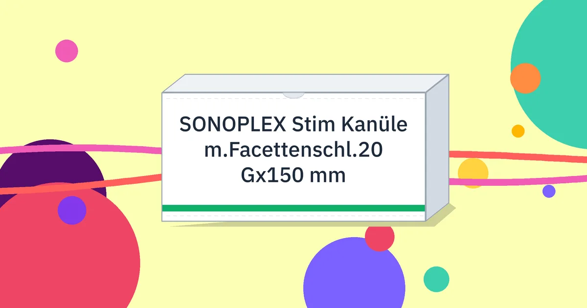 Symbolbild: Packung mit der Aufschrift SONOPLEX Stim Kanüle m.Facettenschl.20 Gx150 mm (PZN 03943908) – Verfügbarkeit und Bezug in Apotheken in Frankfurt am Main