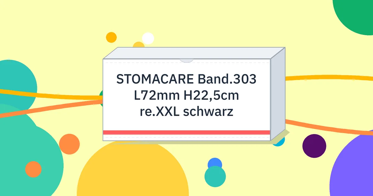 Symbolbild: Packung mit der Aufschrift STOMACARE Band.303 L72mm H22,5cm re.XXL schwarz (PZN 10841189) – Verfügbarkeit und Bezug in Apotheken in Frankfurt am Main