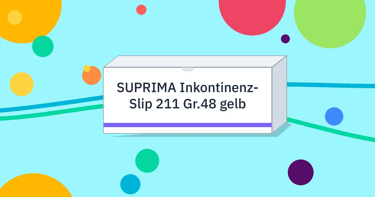 Symbolbild: Packung mit der Aufschrift SUPRIMA Inkontinenz-Slip 211 Gr.48 gelb (PZN 00708621) – Verfügbarkeit und Bezug in Apotheken in Frankfurt am Main