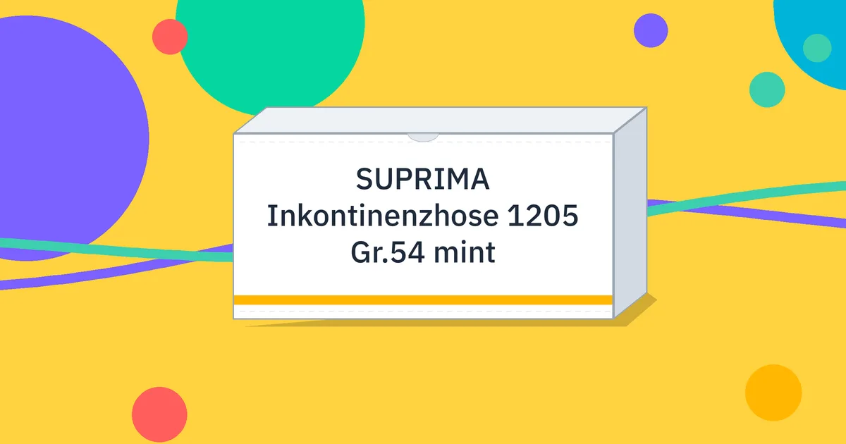 Symbolbild: Packung mit der Aufschrift SUPRIMA Inkontinenzhose 1205 Gr.54 mint (PZN 07631577) – Verfügbarkeit und Bezug in Apotheken in Frankfurt am Main