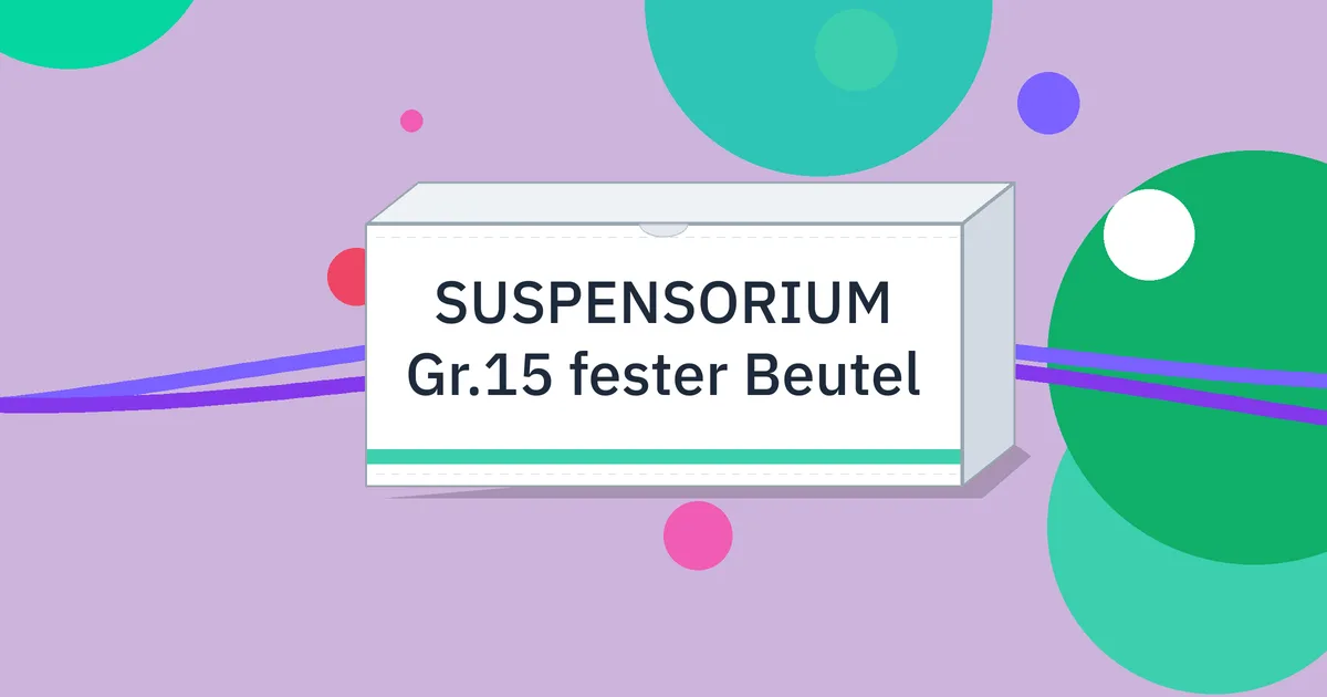 Symbolbild: Packung mit der Aufschrift SUSPENSORIUM Gr.15 fester Beutel (PZN 01969186) – Verfügbarkeit und Bezug in Apotheken in Frankfurt am Main
