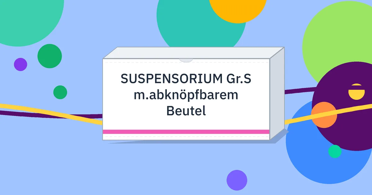 Symbolbild: Packung mit der Aufschrift SUSPENSORIUM Gr.S m.abknöpfbarem Beutel (PZN 18798659) – Verfügbarkeit und Bezug in Apotheken in Frankfurt am Main