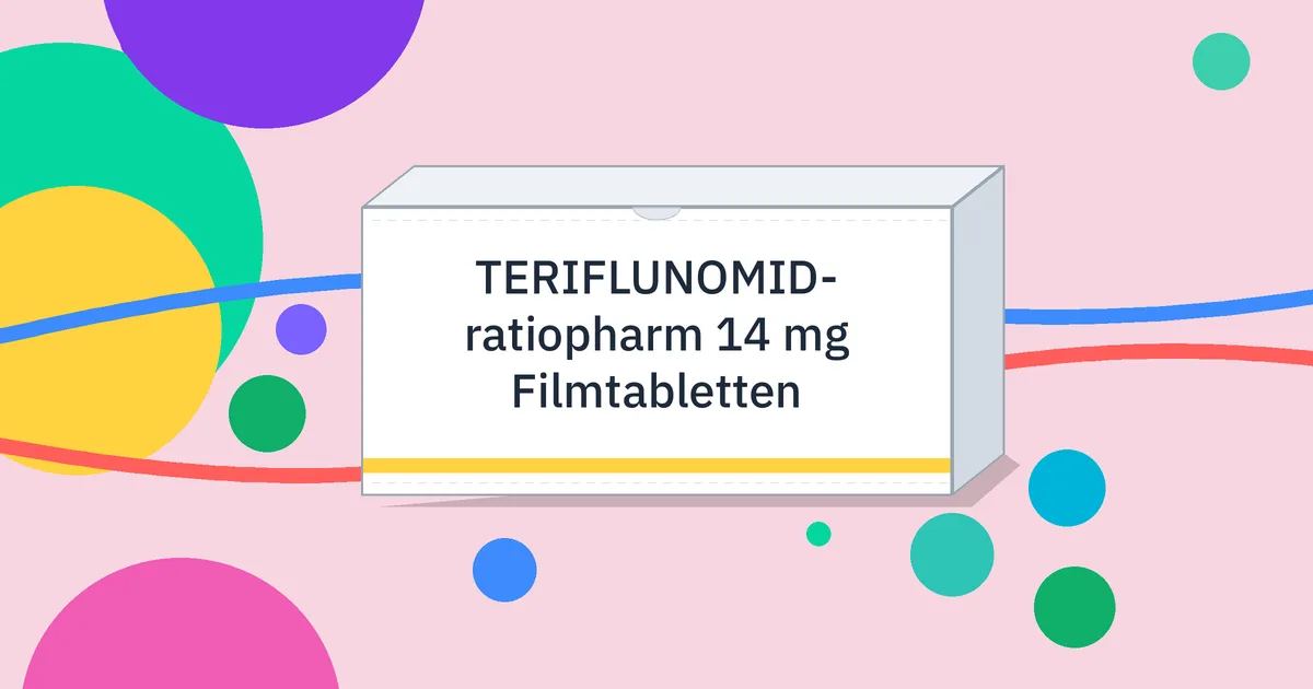 Symbolbild: Packung mit der Aufschrift TERIFLUNOMID-ratiopharm 14 mg Filmtabletten (PZN 18497171) – Verfügbarkeit und Bezug in Apotheken in Frankfurt am Main