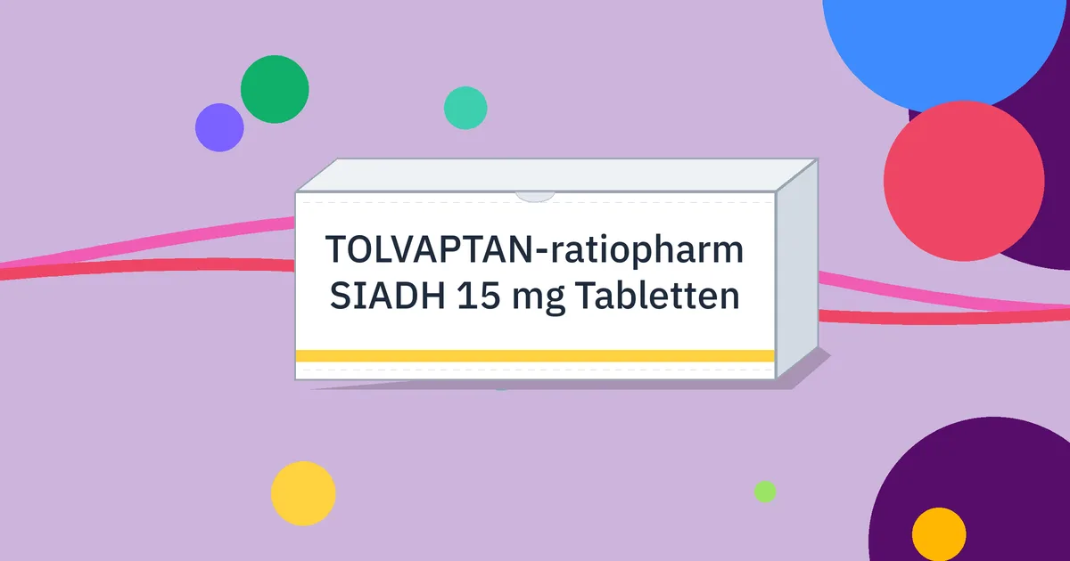 Symbolbild: Packung mit der Aufschrift TOLVAPTAN-ratiopharm SIADH 15 mg Tabletten (PZN 19630198) – Verfügbarkeit und Bezug in Apotheken in Frankfurt am Main