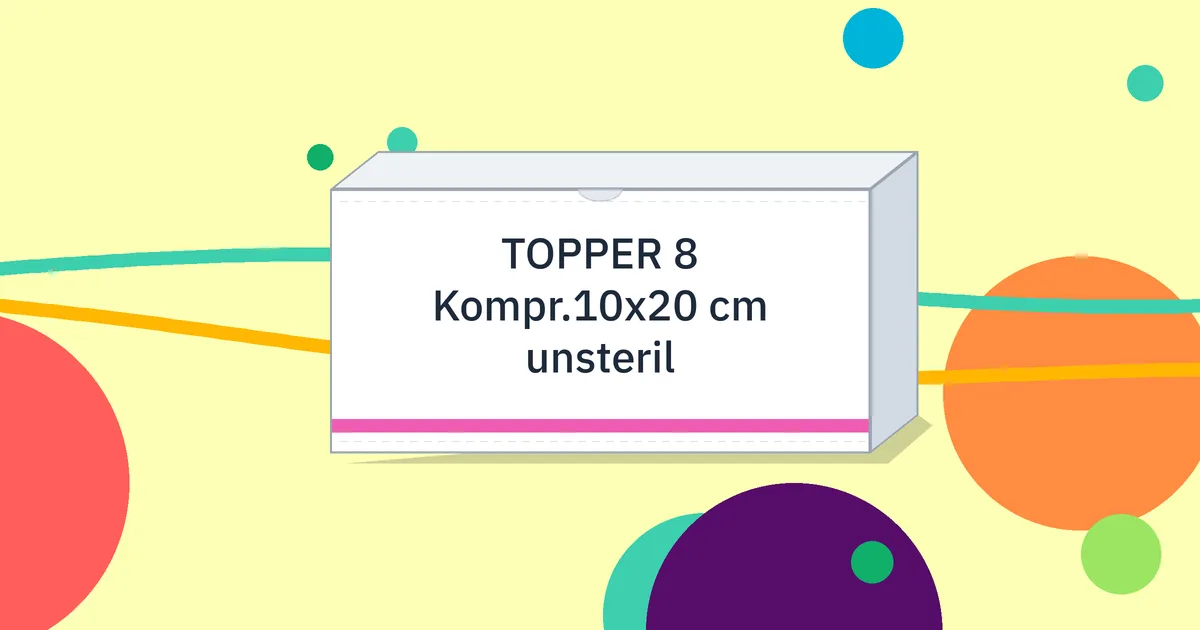 Symbolbild: Packung mit der Aufschrift TOPPER 8 Kompr.10x20 cm unsteril (PZN 01341714) – Verfügbarkeit und Bezug in Apotheken in Frankfurt am Main