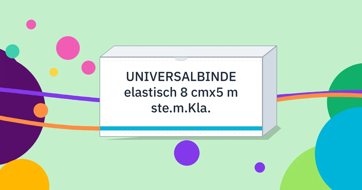 Symbolbild: Packung mit der Aufschrift UNIVERSALBINDE elastisch 8 cmx5 m ste.m.Kla. (PZN 06932093) – Verfügbarkeit und Bezug in Apotheken in Frankfurt am Main