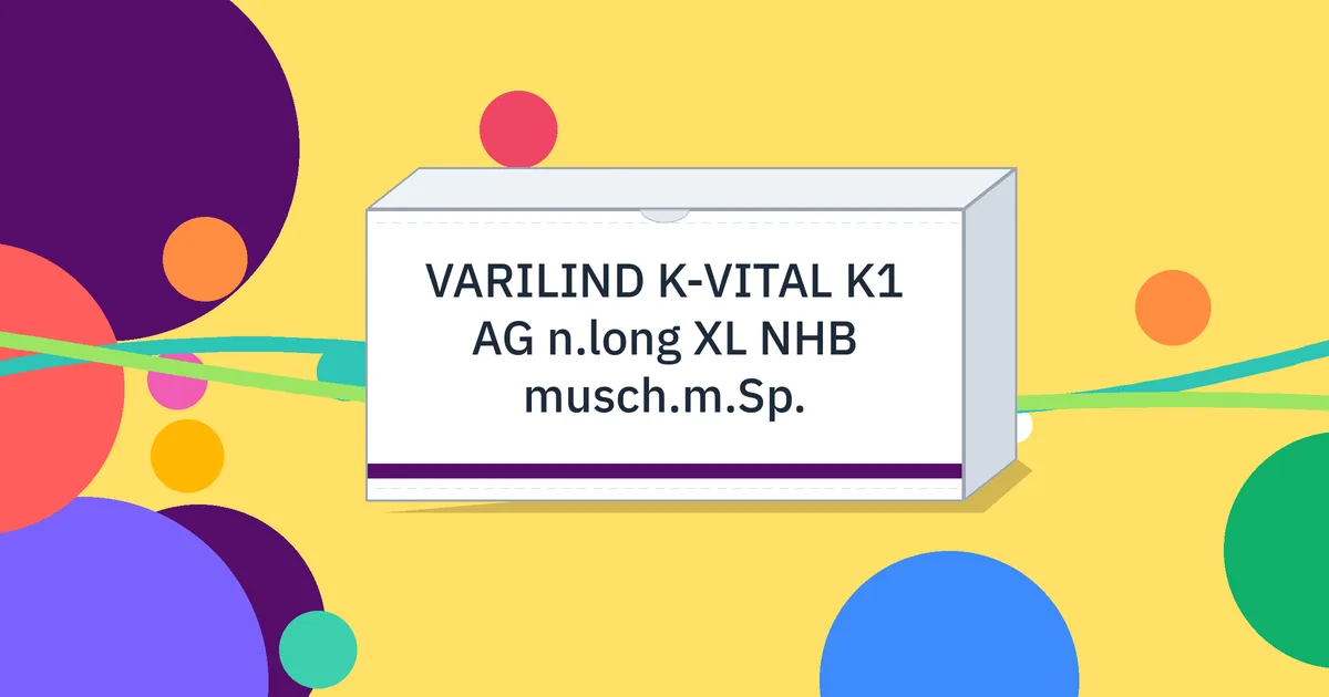 Symbolbild: Packung mit der Aufschrift VARILIND K-VITAL K1 AG n.long XL NHB musch.m.Sp. (PZN 20563886) – Verfügbarkeit und Bezug in Apotheken in Frankfurt am Main
