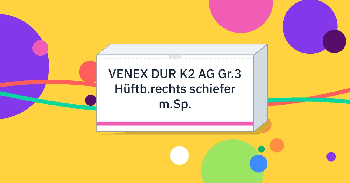 Symbolbild: Packung mit der Aufschrift VENEX DUR K2 AG Gr.3 Hüftb.rechts schiefer m.Sp. (PZN 03229074) – Verfügbarkeit und Bezug in Apotheken in Frankfurt am Main