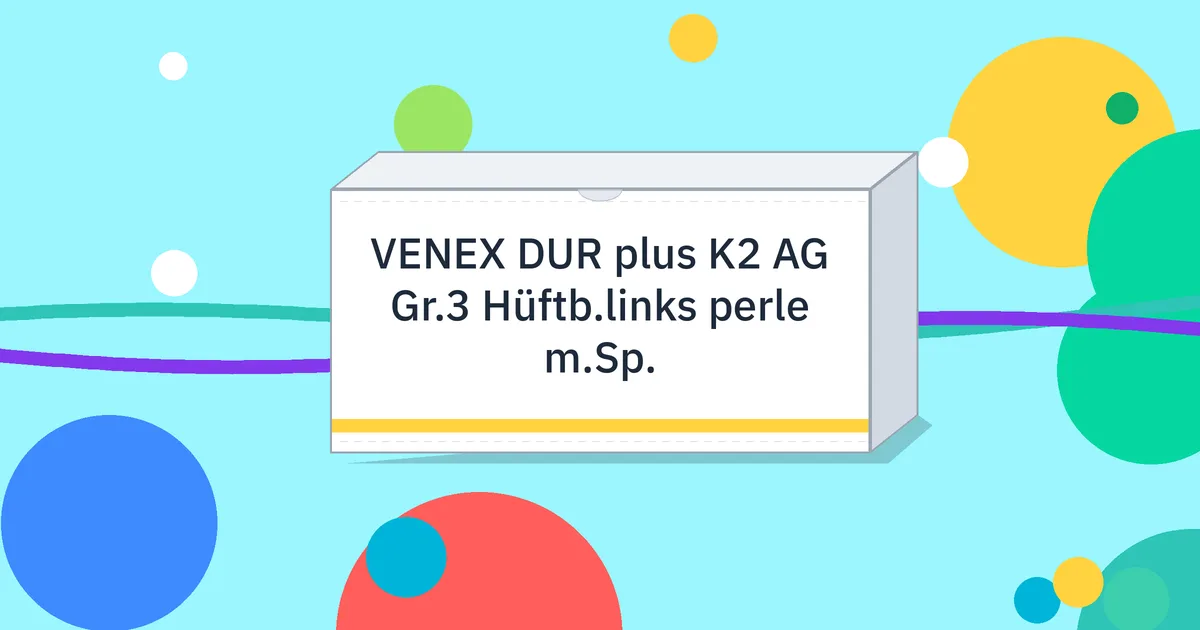 Symbolbild: Packung mit der Aufschrift VENEX DUR plus K2 AG Gr.3 Hüftb.links perle m.Sp. (PZN 03237659) – Verfügbarkeit und Bezug in Apotheken in Frankfurt am Main