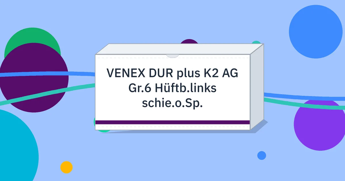 Symbolbild: Packung mit der Aufschrift VENEX DUR plus K2 AG Gr.6 Hüftb.links schie.o.Sp. (PZN 03242608) – Verfügbarkeit und Bezug in Apotheken in Frankfurt am Main
