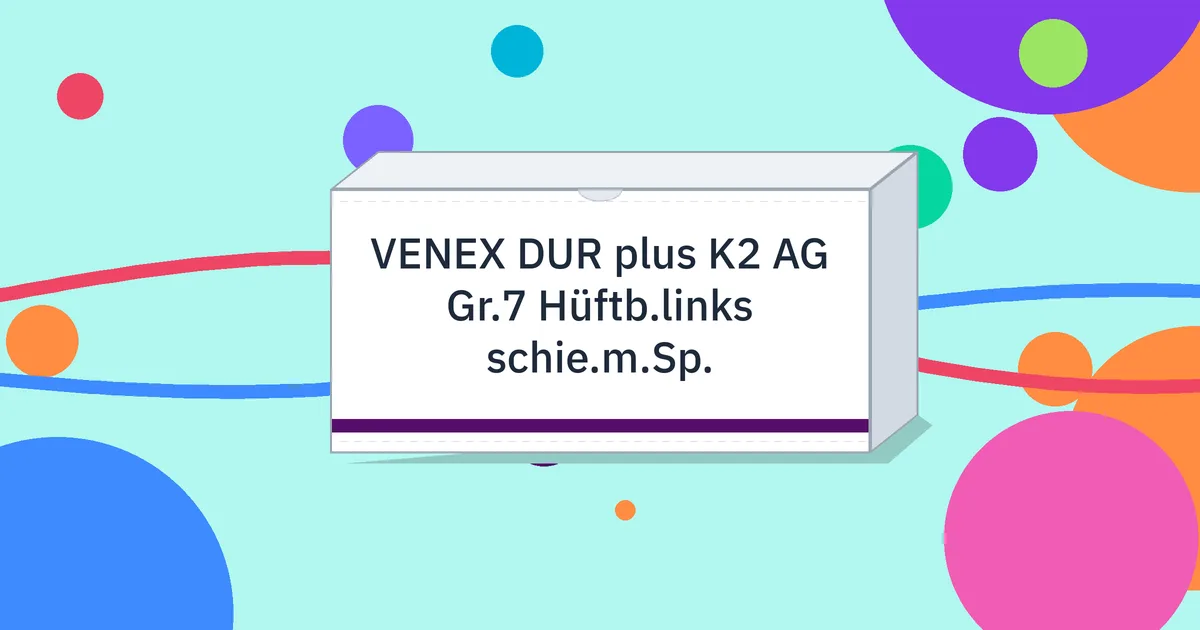 Symbolbild: Packung mit der Aufschrift VENEX DUR plus K2 AG Gr.7 Hüftb.links schie.m.Sp. (PZN 03239055) – Verfügbarkeit und Bezug in Apotheken in Frankfurt am Main