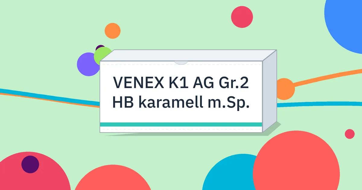 Symbolbild: Packung mit der Aufschrift VENEX K1 AG Gr.2 HB karamell m.Sp. (PZN 13757555) – Verfügbarkeit und Bezug in Apotheken in Frankfurt am Main
