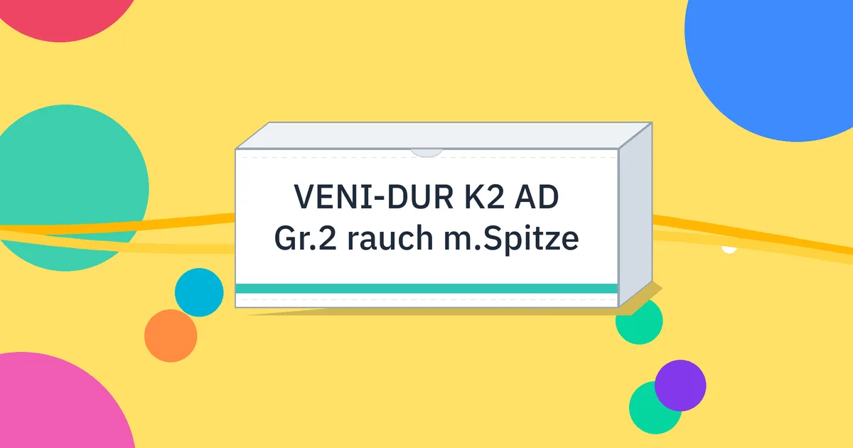 Symbolbild: Packung mit der Aufschrift VENI-DUR K2 AD Gr.2 rauch m.Spitze (PZN 08681181) – Verfügbarkeit und Bezug in Apotheken in Frankfurt am Main